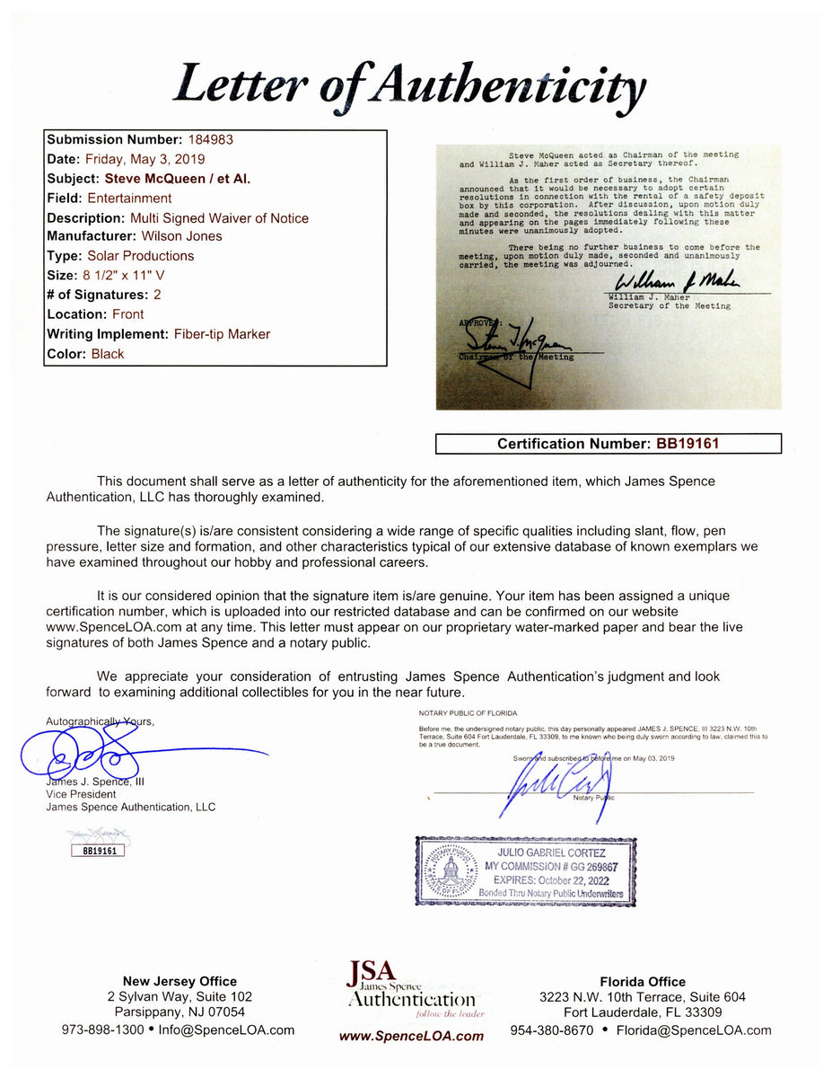 Steve McQueen with JSA Authenticated Signature – Millionaire Gallery