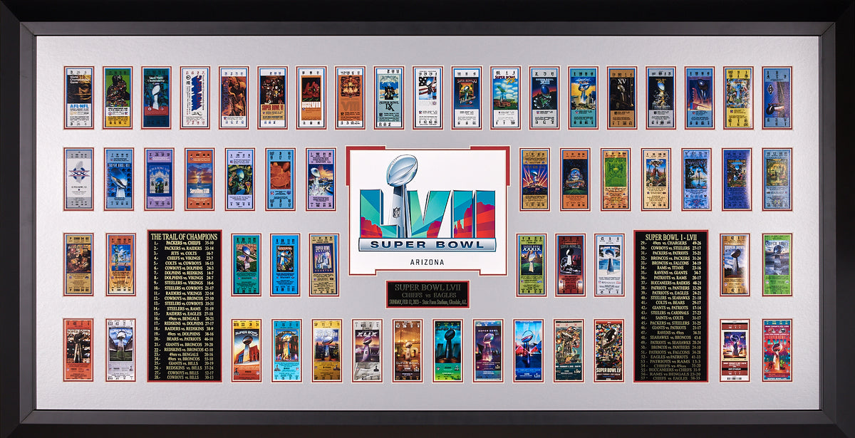 Super Bowl LVII with replica tickets and the scores of all 58 Super Bo ...