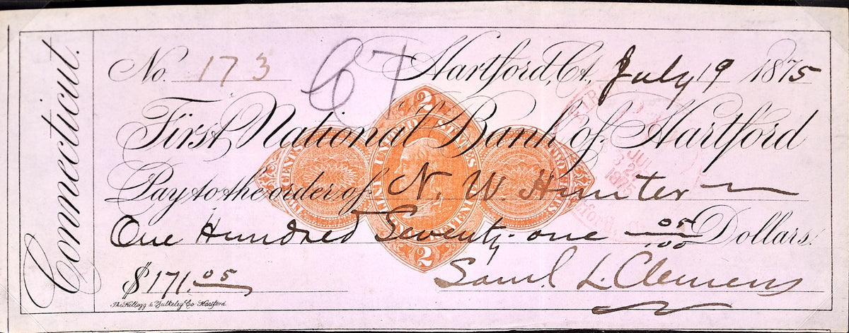 Samuel Clements - Mark Twain with an authenticated signed check - 28"x ...