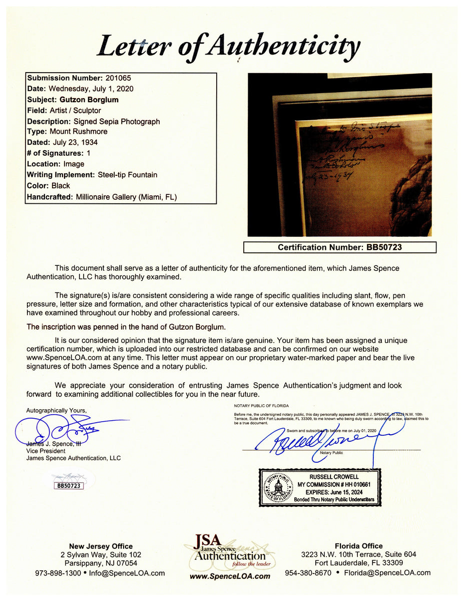 Gutzon Borglum - Mt Rushmore Sculptor with JSA Authenticated Signature ...