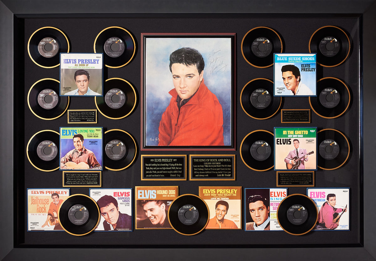 Elvis Presley Signed Painting with 15 Top Hits Vinyl 45s and Sleeves ...