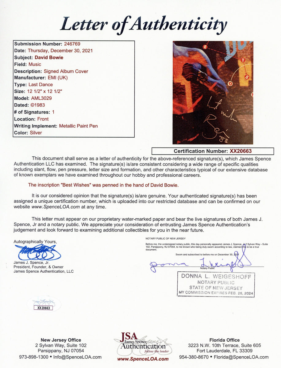 Color Photo of David Bowie JSA Authenticated Signed, "Last Dance" Albu ...