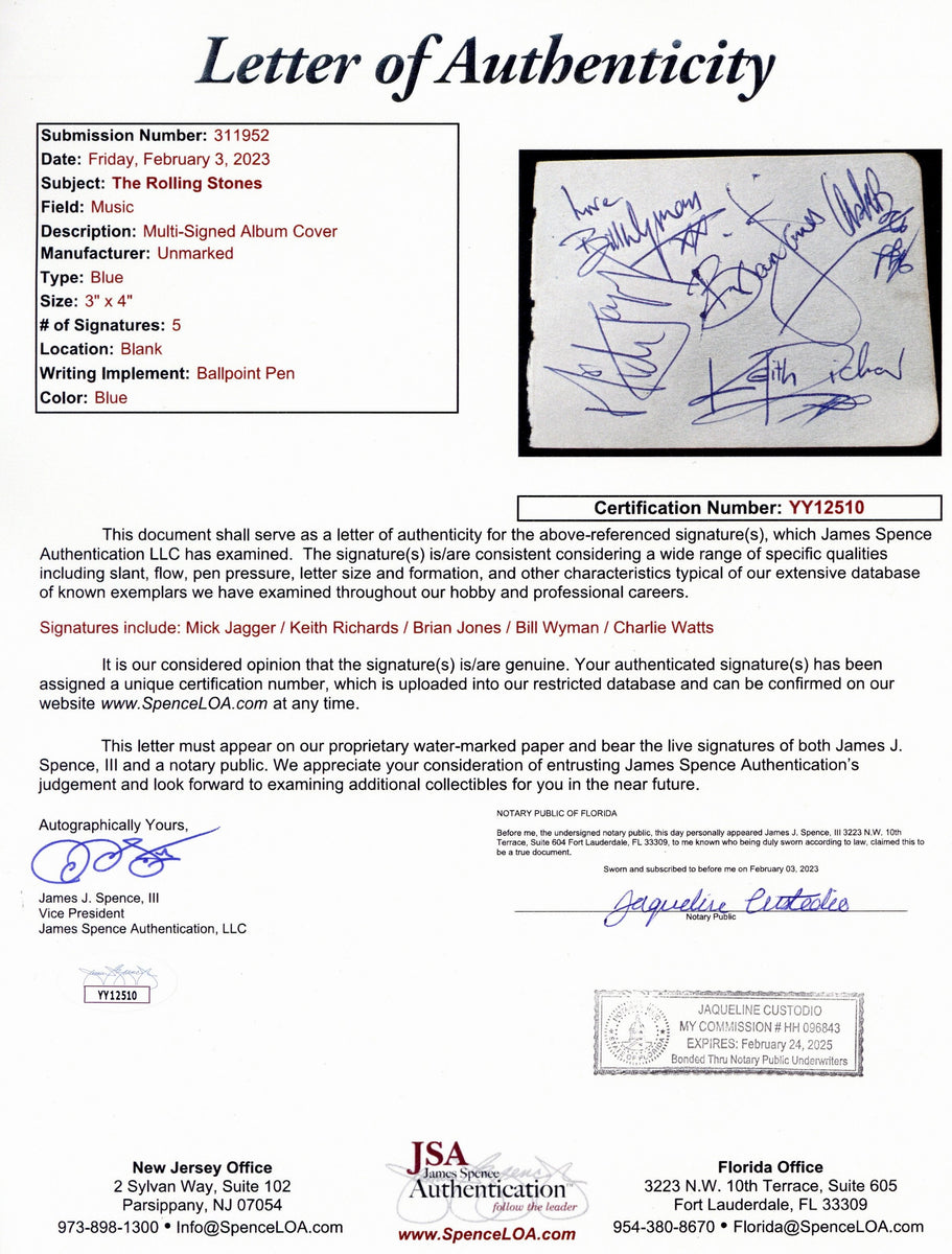 The Rolling Stones JSA Authenticated Signatures and Album Cover with R ...