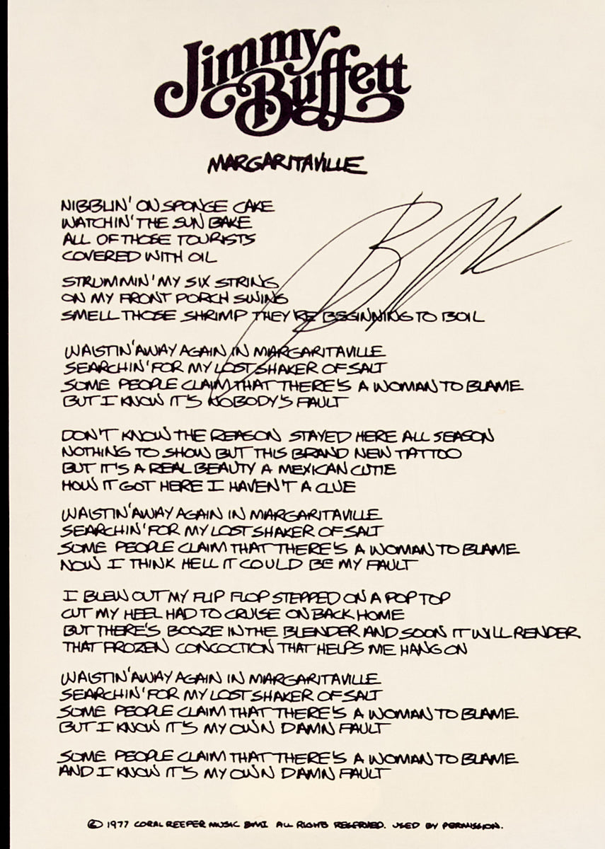 Jimmy Buffett Color Photo with JSA Authenticated Signed Lyrics to Marg ...