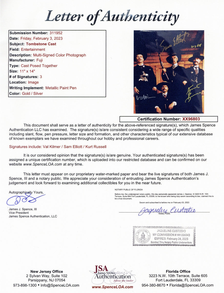 Tombstone with Three JSA Authenticated Signatures - 35.5"x43" - M47904 ...