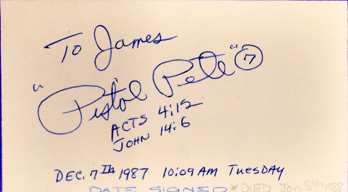 Pete Maravich Signed Card with Bible Verses and date signed and authen ...