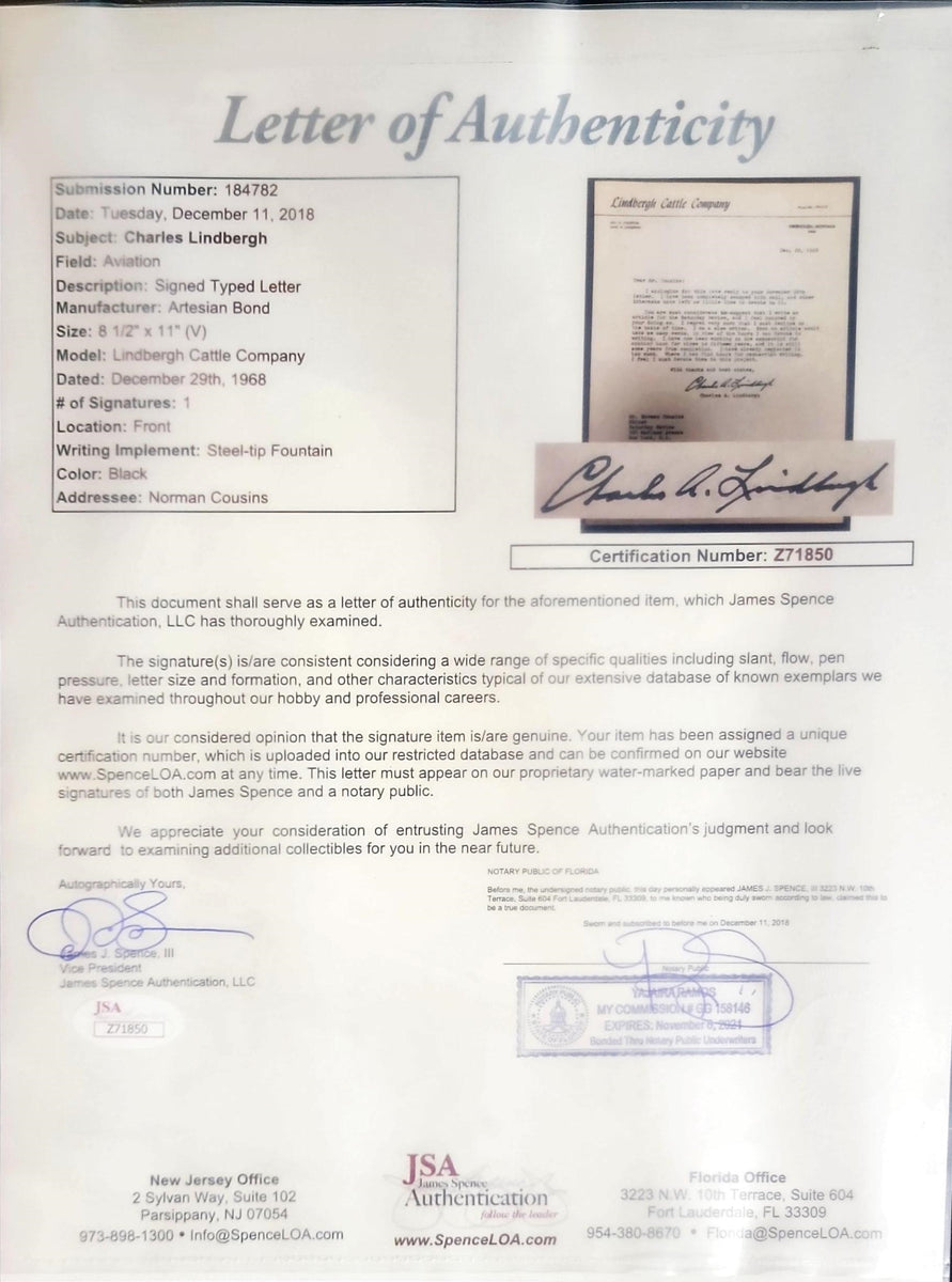 Charles Augustus Lindbergh Signed Letter Display JSA Authentication "L ...