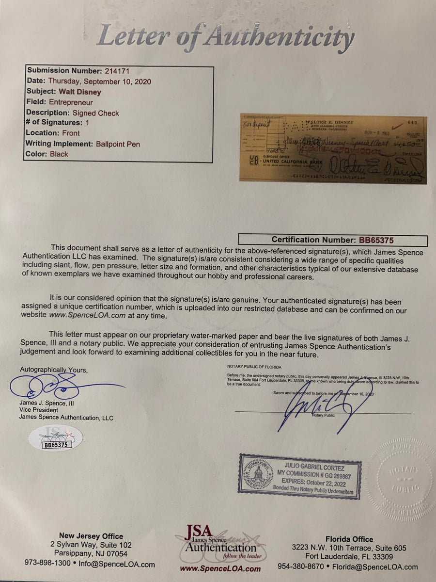 Walt Disney Signed Check Display – Millionaire Gallery