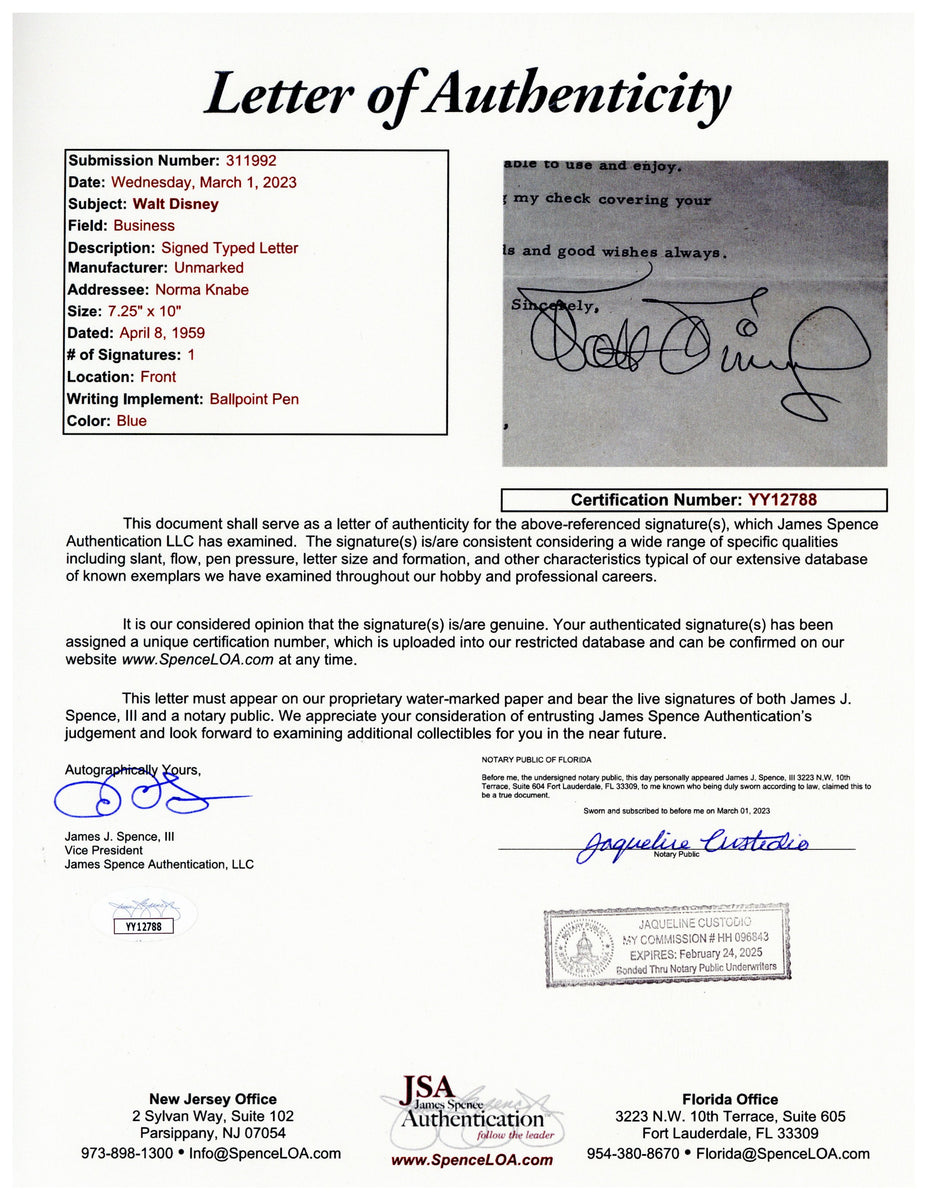 Walt Disney with JSA Authenticated Signed Typed Letter – Millionaire ...